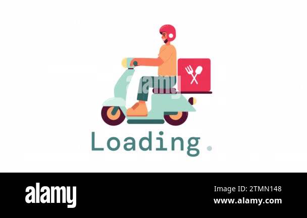 Delivery on moped loader animation. Meal kit courier driving scooter ...