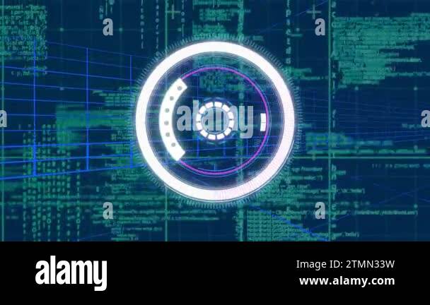 Animation of round scanner, tunnel in seamless pattern and data processing against blue ...