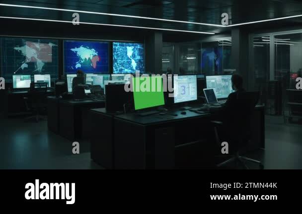 Silhouette of a professional IT programmer working in a data center on a desktop computer with ...