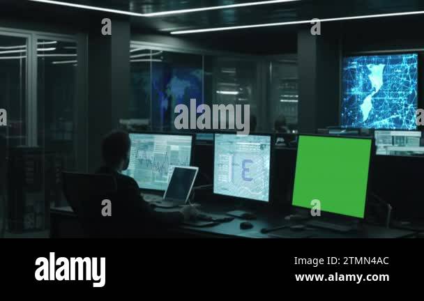 Silhouette of a professional IT programmer working in a data center on ...