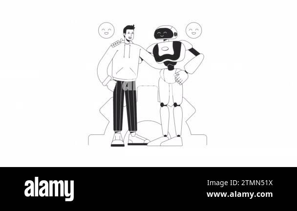 Human robot interaction bw animation. Animated robotic engineer and ...