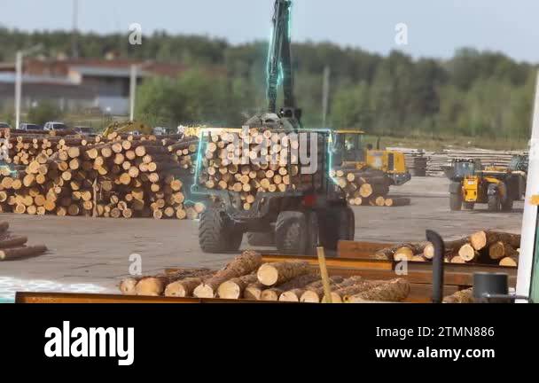 Special equipment travels through the territory of the sawmill. Working ...