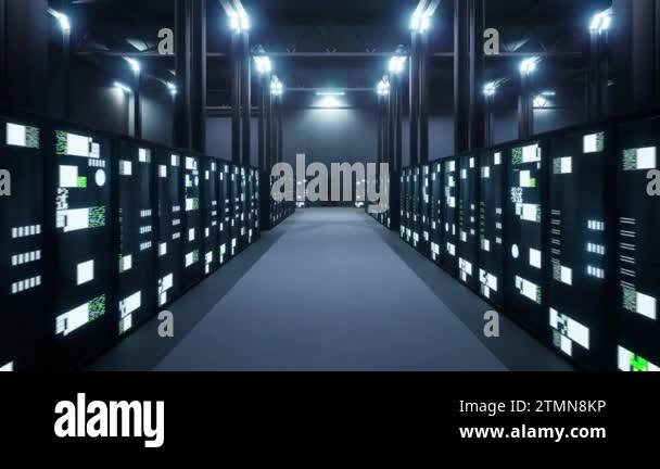 Server room with large racks used for big data cloud computing concept ...