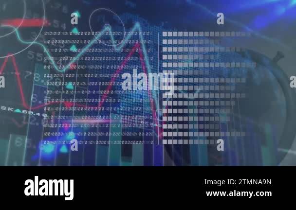 Animation of binary codes, loading bars and trading board over graphs against abstract ...