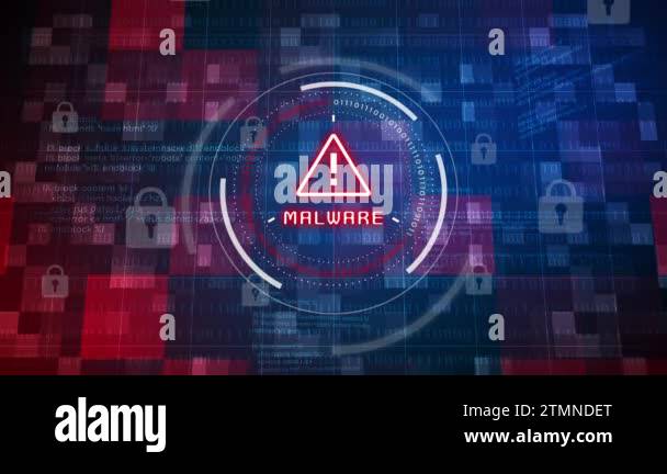 Red MALWARE warning with exclamation mark in circle with numbers. Blue background with text code ...