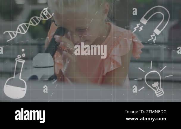 Animation of science icons over happy caucasian schoolgirl using ...