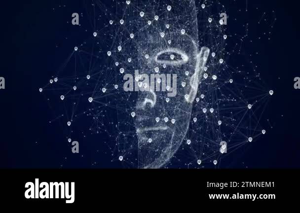 3D digital render of a human face hologram on digital background. Deep ...