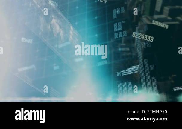 Animation of changing numbers over globe, computer language, loading bars on abstract background ...