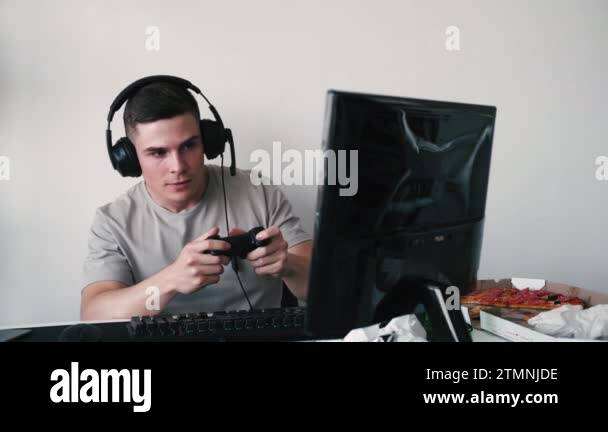 Video game. Male entertainment. Virtual competition. Man gamer in ...