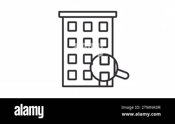 Flat search linear animation. Magnifying glass examining building ...