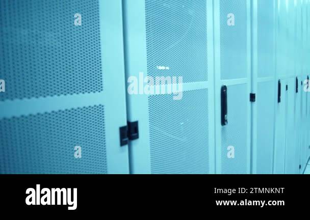 server room. Realistic LED lights are flashing blue and black animation ...