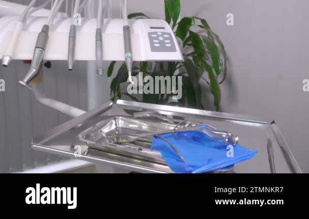 Concept dentists room office. Close-up of various dental instruments ...