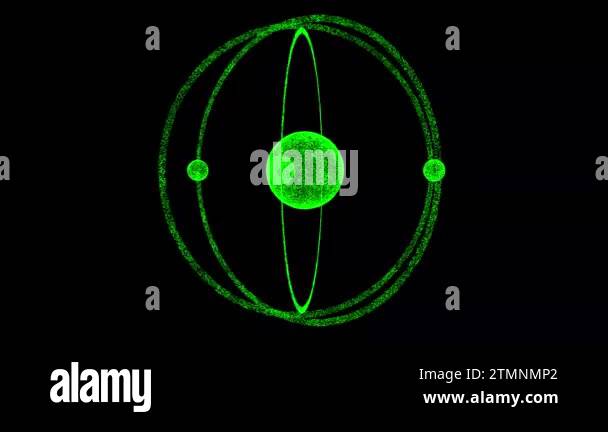 3d Atom Model With A Nucleus And Electrons Rotates On Black Bg Object Dissolved Flickering
