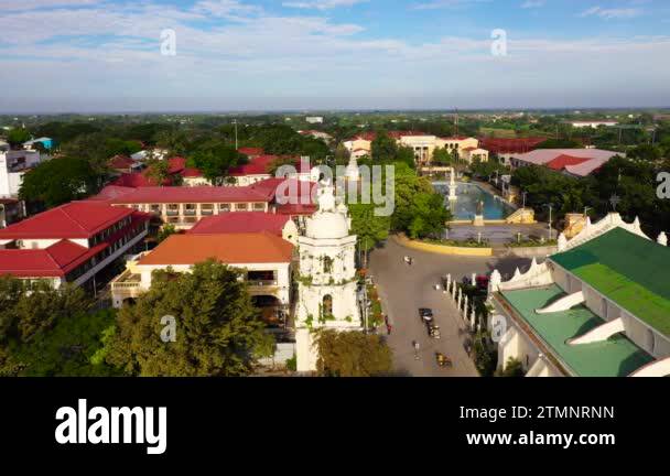 The central square in the city of Vigan, top view. Historic city center ...