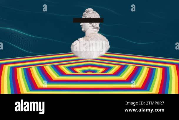 Animation of statue over moving coloured hexagonal surface with blue ...