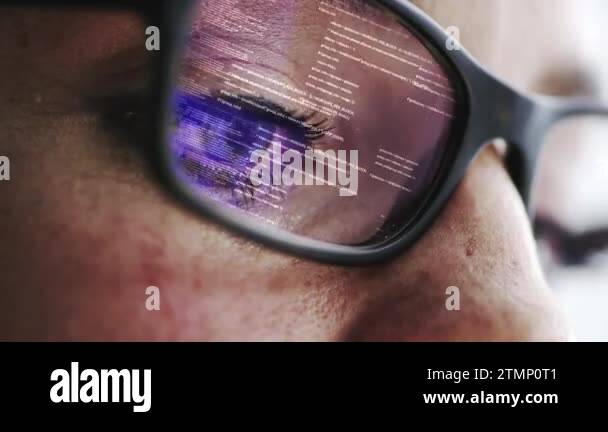 Woman Glasses And Code Reflection Of A Person Looking At Software And Computer Data Eyes