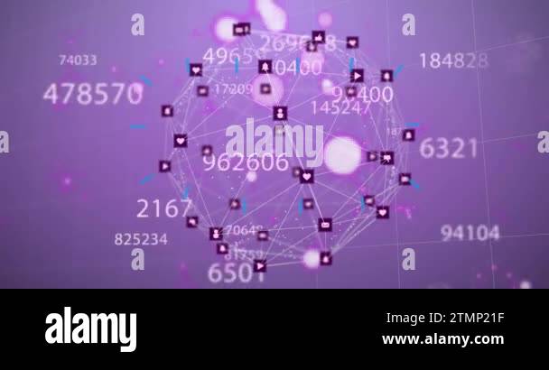 Animation of changing numbers over connected dots forming globe and nucleotides. Digitally ...