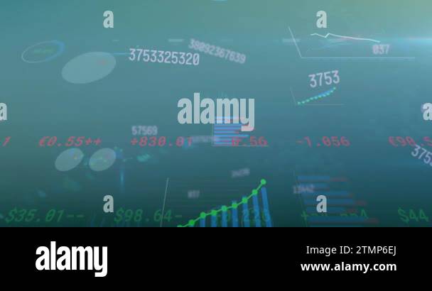 Animation of changing numbers over trading board, graphs, loading circles on blue background ...