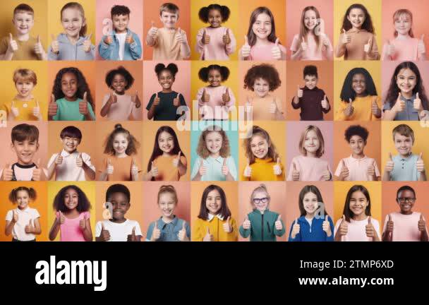 Smiling children collage with thumbs up. Happy multicultural kids ...