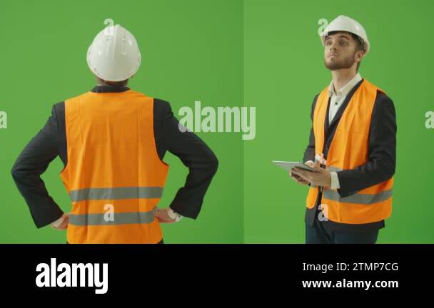 2-in-1 Split Green Screen Collage:Young Bearded Civil Engineer Wearing ...