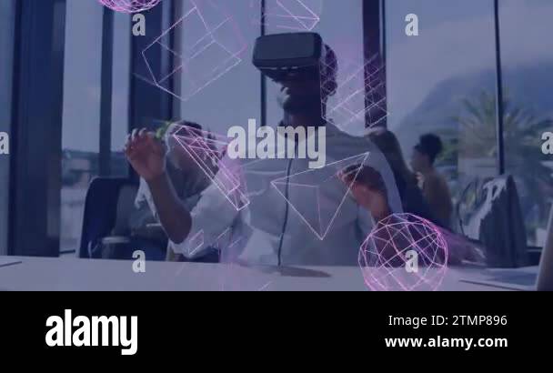 Animation of glowing 3d shapes of data transfer over african american ...