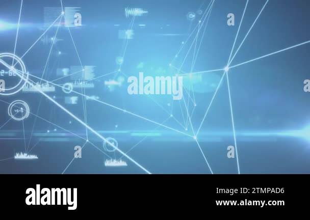 Animation of connected dots with graph and soundwaves icons over lens ...