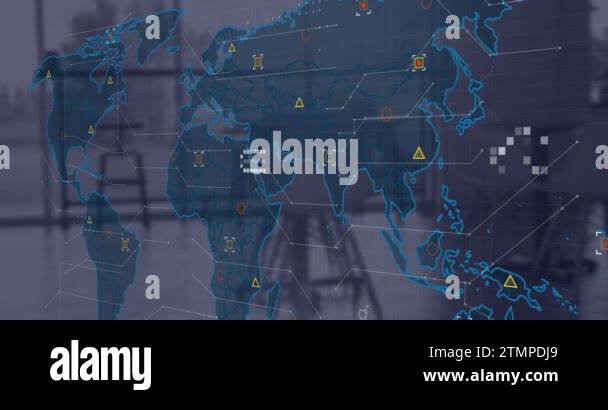 Animation of circuit board pattern on map and geometric shapes over ...