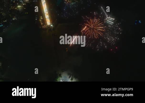 Top down above explosion of fireworks in urban city. Aerial Fireworks ...