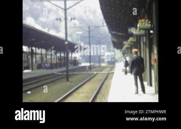 Paris, France may 1977: Vintage video clip of a train arriving at a ...