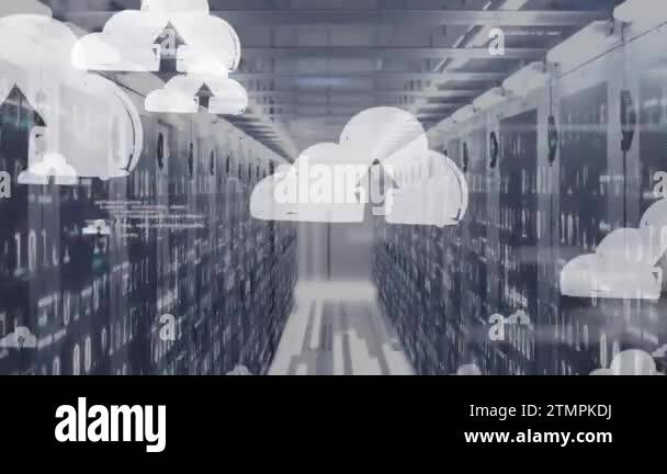Animation of cloud upload icons floating over data processing and mosaic squares against server ...