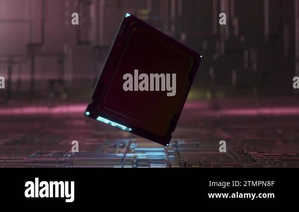 Technological concept. The microchip rotates above the floor. Pink neon ...