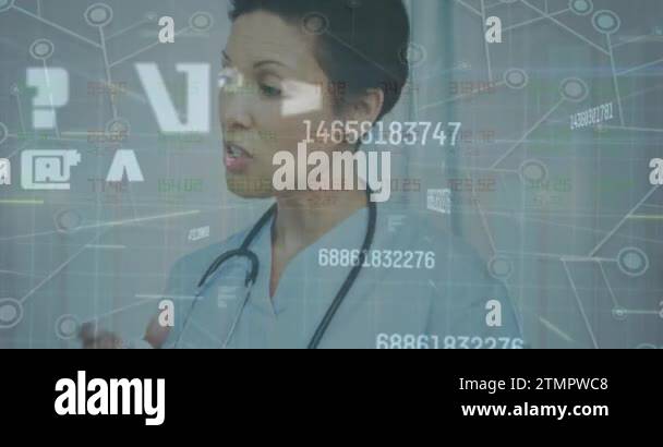 Animation of changing numbers, symbols, connected dots, diverse doctor ...