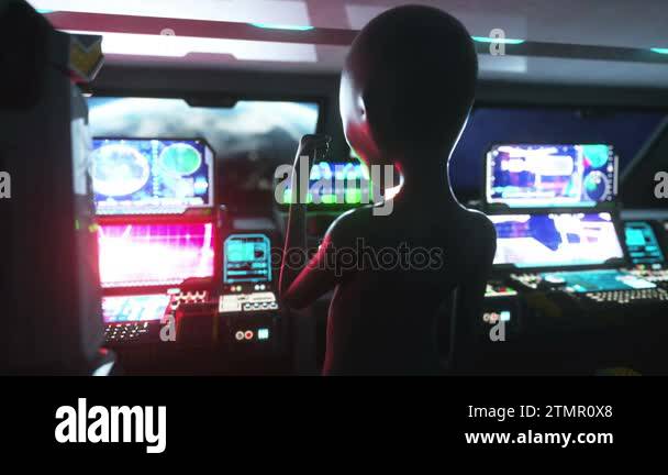 Alien in space ship. hand reaching out with Earth planet. UFO ...