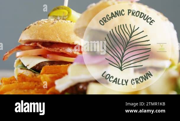 Animation of organic produce and locally grown text in circles over ...