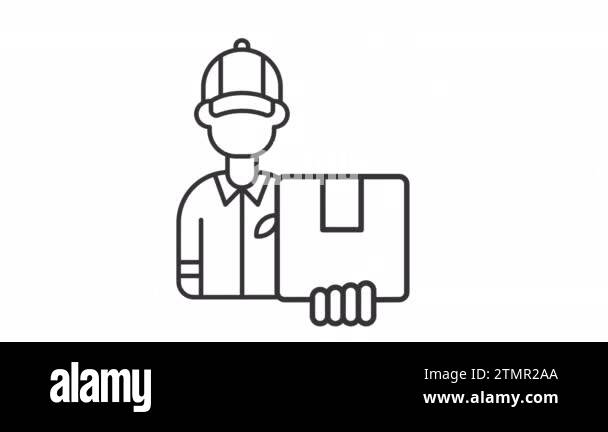 Animated postman line icon. Mailman holds parcel box animation. Postal ...