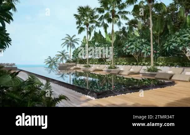Tropical style black swimming pool terrace with sea view 3d render ...