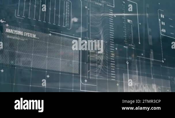 Animation of graphs, loading bars, map and computer language over moving vehicles on street ...