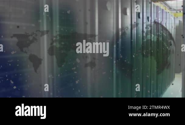 Animation of confetti falling over world map and spinning globe against ...