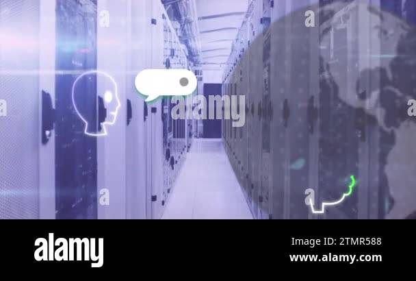 Animation of ai chat and globe over computer server room. Global artificial intelligence ...