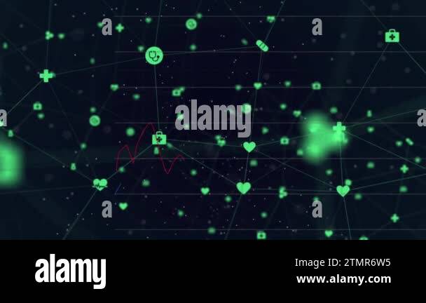 Animation of network of medical icons and statistical data processing against black background ...