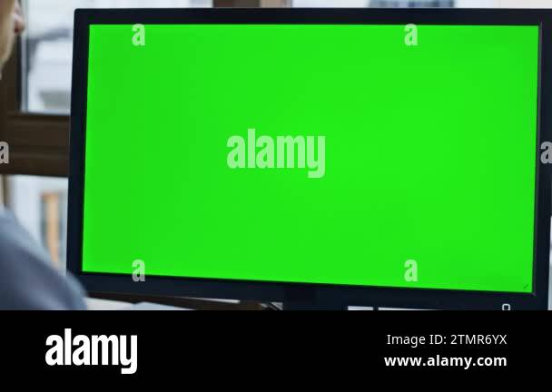 Operator Working Green Computer Closeup Chromakey Office Equipment