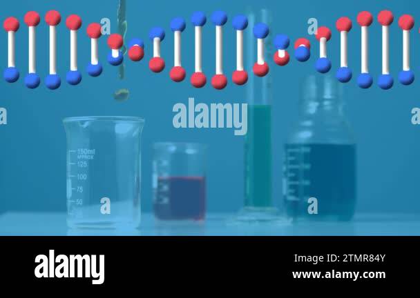 Animation of dna helix over liquid getting filled in beaker and liquid ...