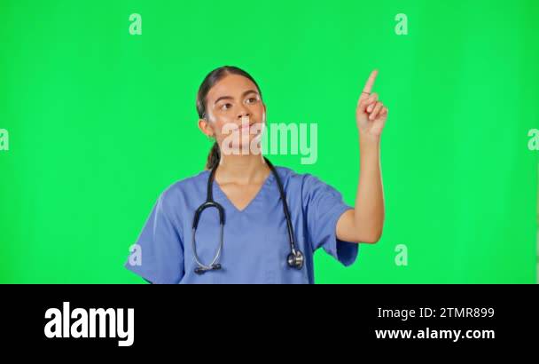 Healthcare, green screen and woman doctor, interface and information or ...