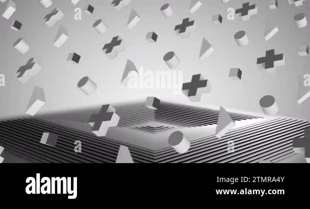 Animation of 3d cubes and crosses over moving grey square surface with grey background ...