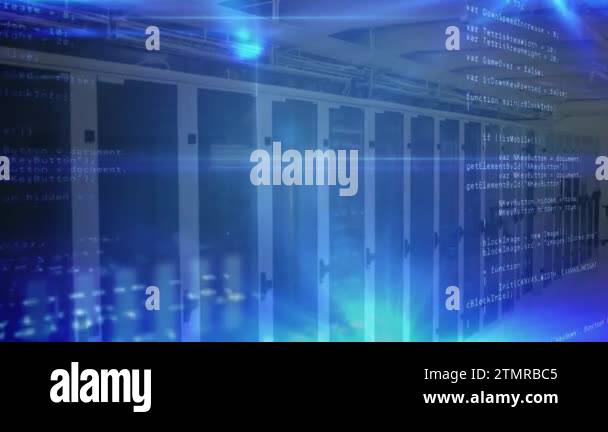 Animation Of Computer Language Graphs And Loading Bars Over Lens Flares Against Server Room 