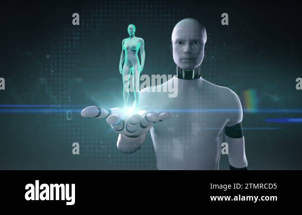 Robot, cyborg open palm, Zooming female Human body scanning internal ...