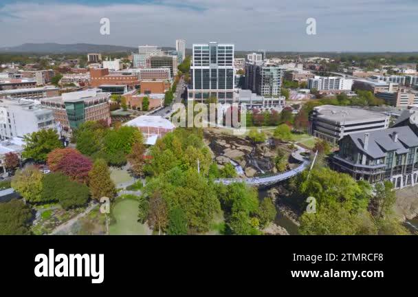 Aerial view of Reedy River Waterfalls in downtown of Greenville city in South Carolina. Falls ...