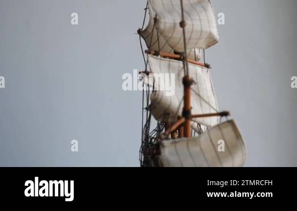 Rotation Of Sailing Masts Of Scale Model Wooden Ship On A White ...