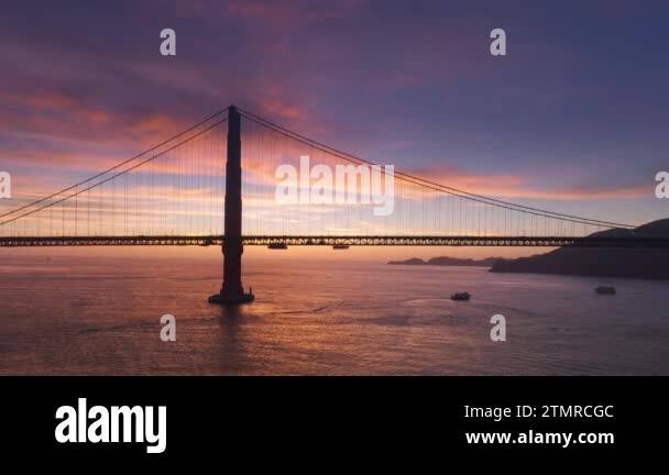 World famous Golden Gate Bridge silhouette. Aerial suspension bridge ...
