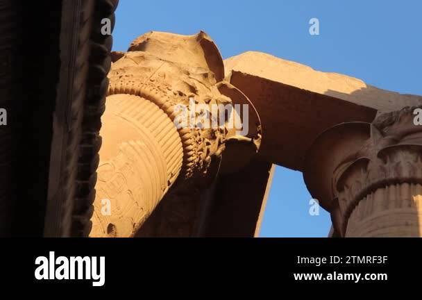 Preserved papyrus shaped column and ceiling at Kom Ombo Temple, Egypt ...